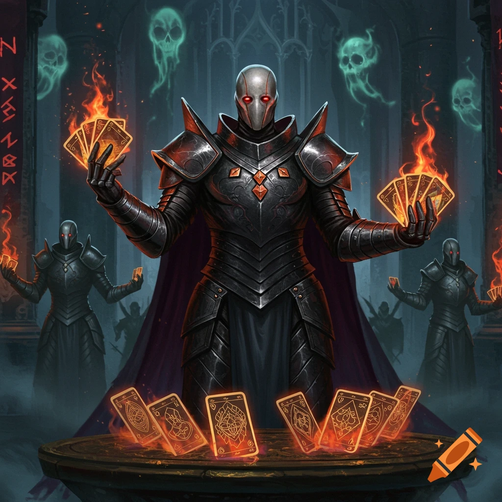 Armored figures with glowing red eyes play fire-wreathed cards in a ...