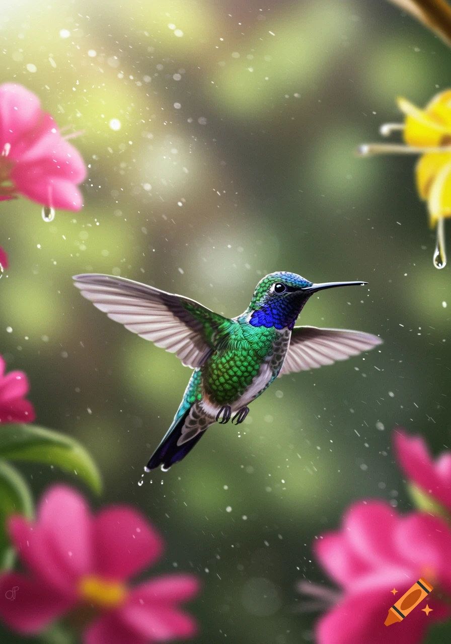 A vibrant green and blue hummingbird hovers amidst colorful orange and ...