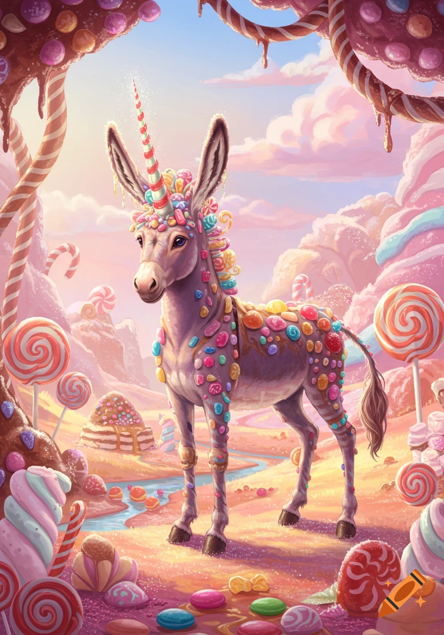 A happy, rainbow-colored cartoon monster eating candies in a whimsical ...