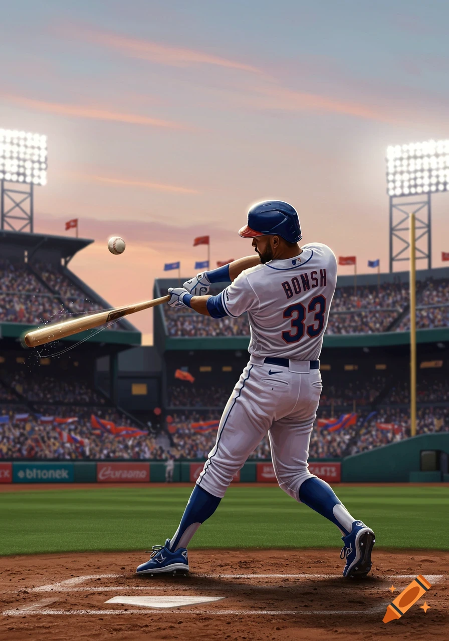 A male baseball player in uniform swings a bat, hitting a ball in a ...