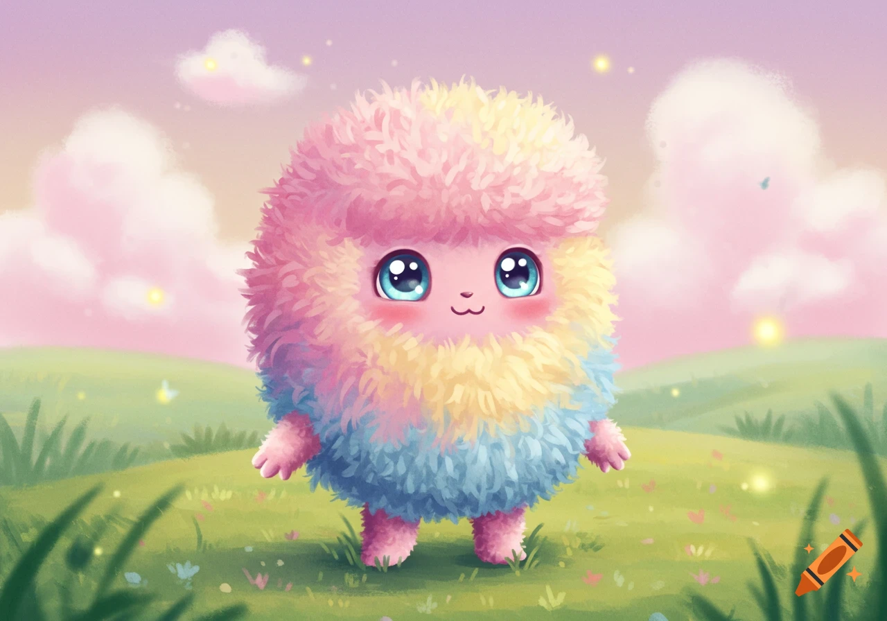A cute, fluffy, rainbow-colored pom-pom creature standing in a green ...
