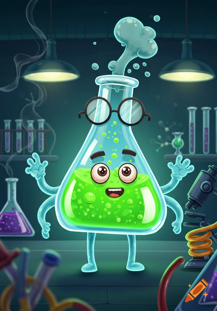 A cartoon scientific flask character with green liquid, eyes, mouth ...