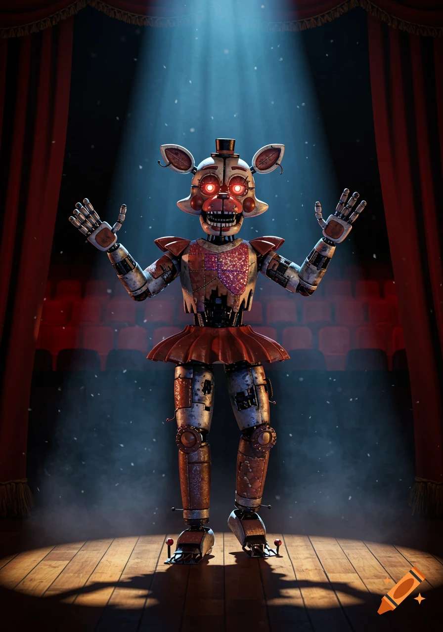 A purple animatronic rabbit, Bonnie from FNAF, poses on a smoky stage ...
