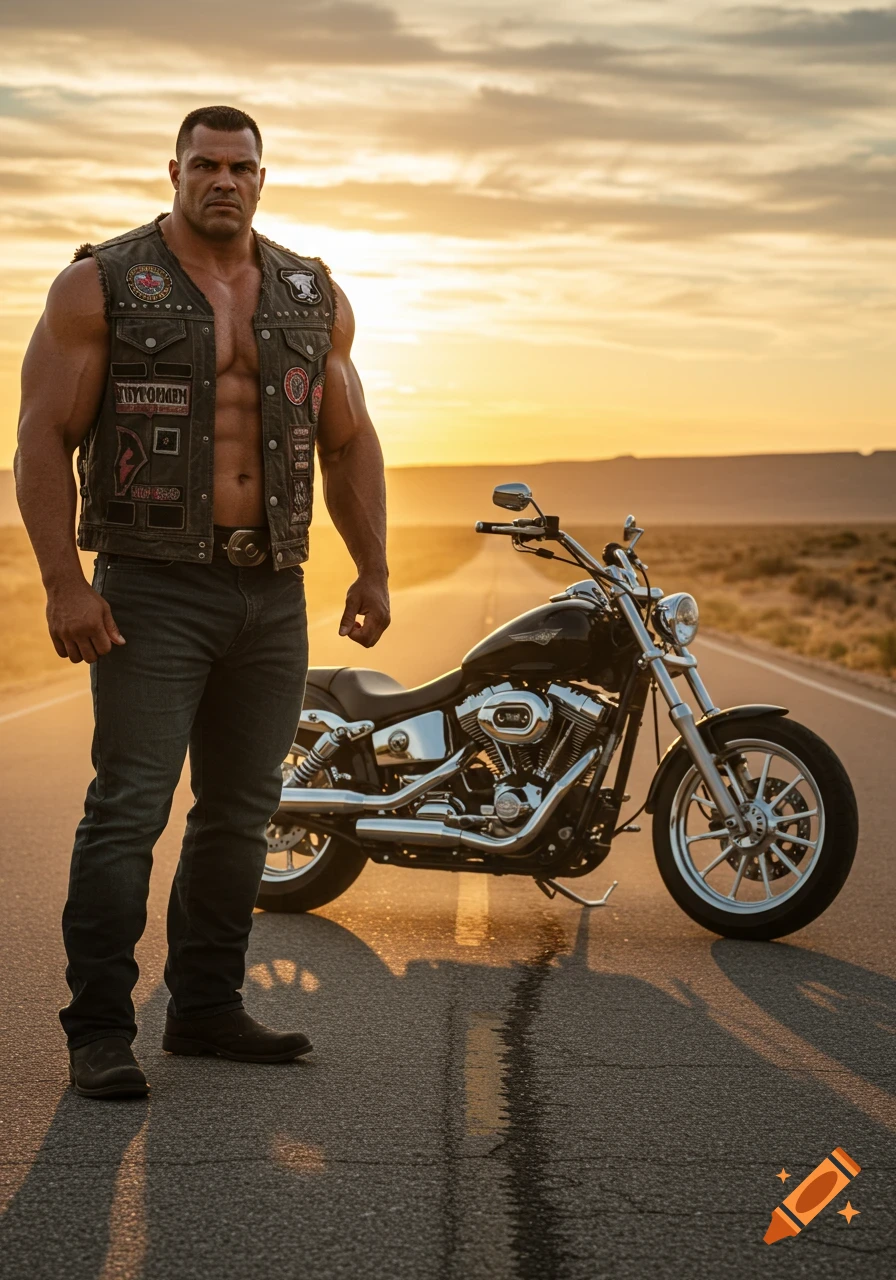 A muscular man in a leather vest stands next to a motorcycle on a ...