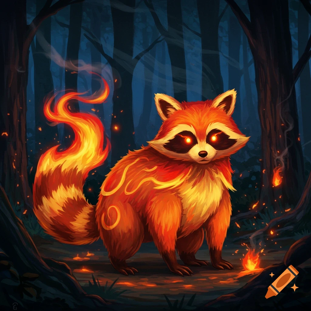 An illustrative fantasy art of a fire-infused raccoon with glowing eyes ...
