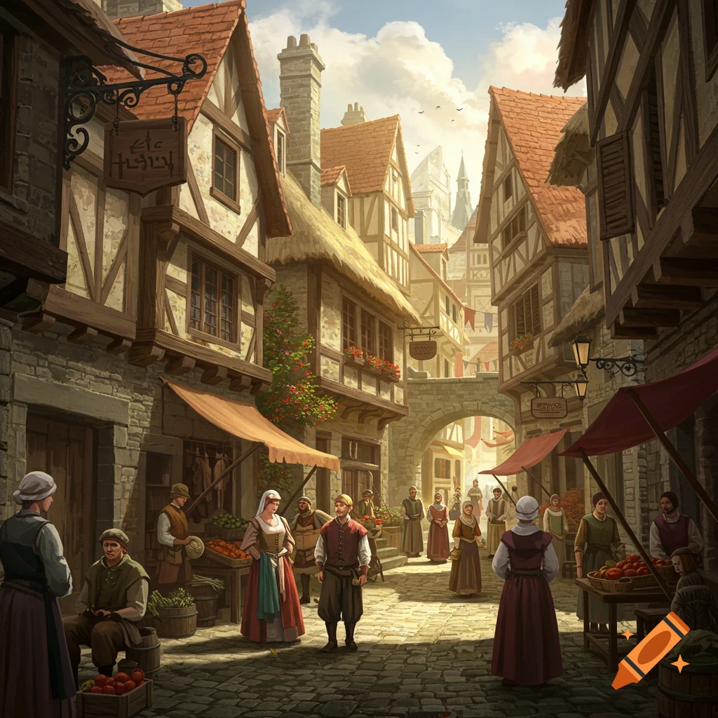 A bustling medieval town street with timber-framed buildings ...