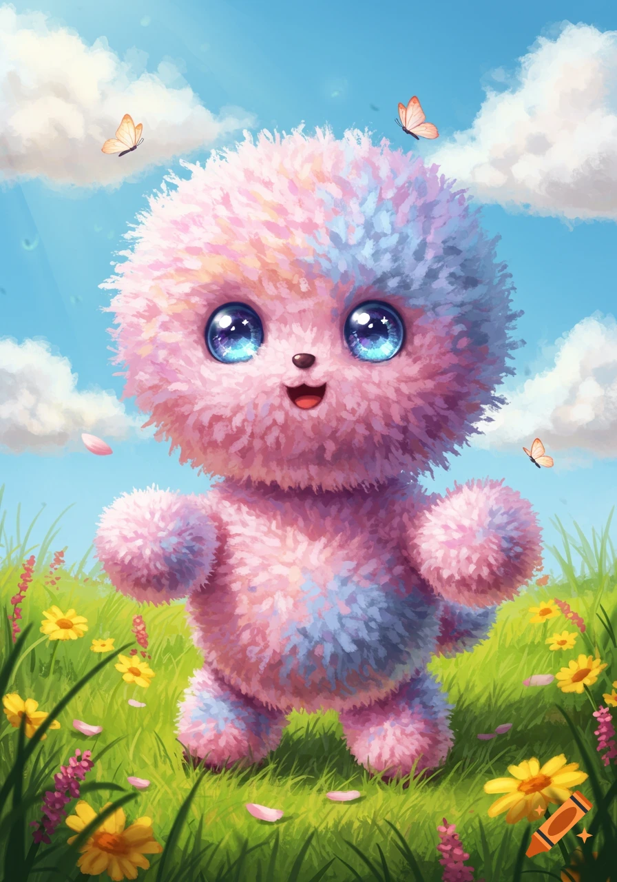 A fluffy yellow cartoon plush doll with a red nose, red gloves, and a ...