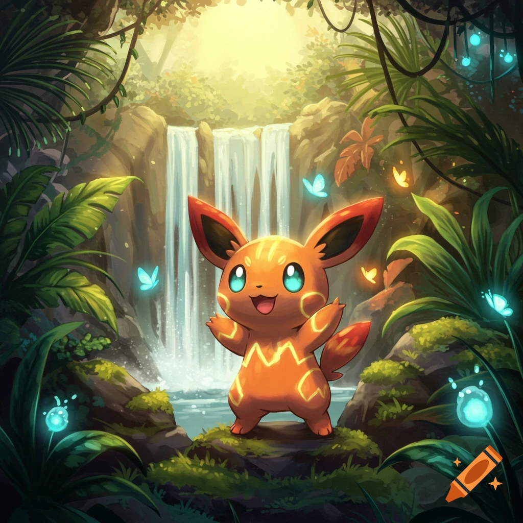 A cute orange creature with glowing patterns stands smiling in a ...