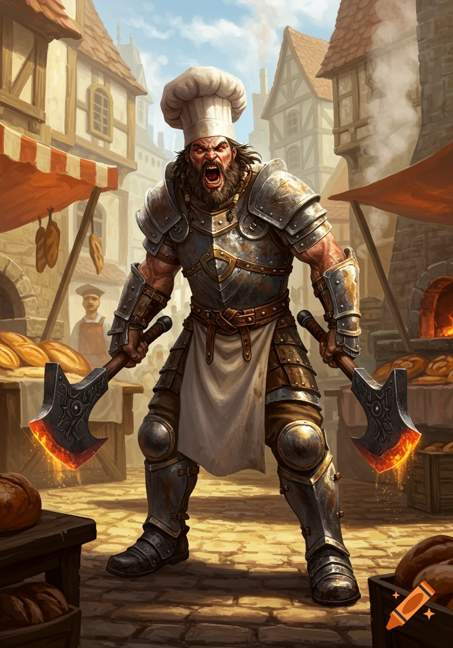 A muscular, bearded berserker baker in armor and a chef's hat yells while holding two glowing ...