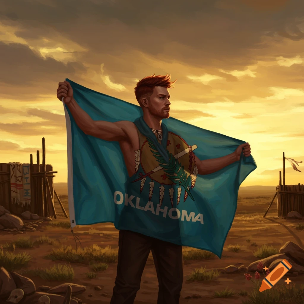 A red-haired man holding an Oklahoma state flag in a dry landscape with ...