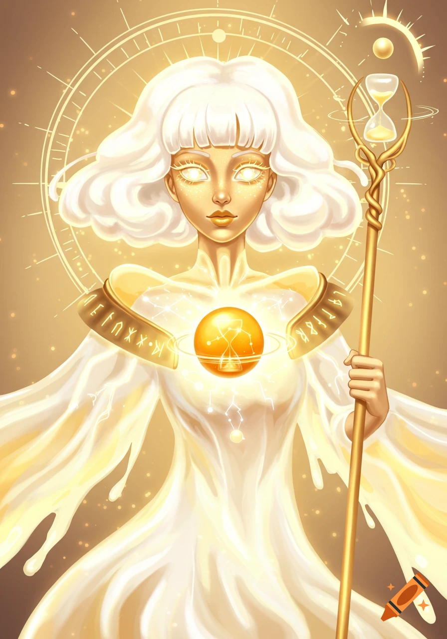 A radiant golden goddess with white, cloud-like hair and glowing eyes ...
