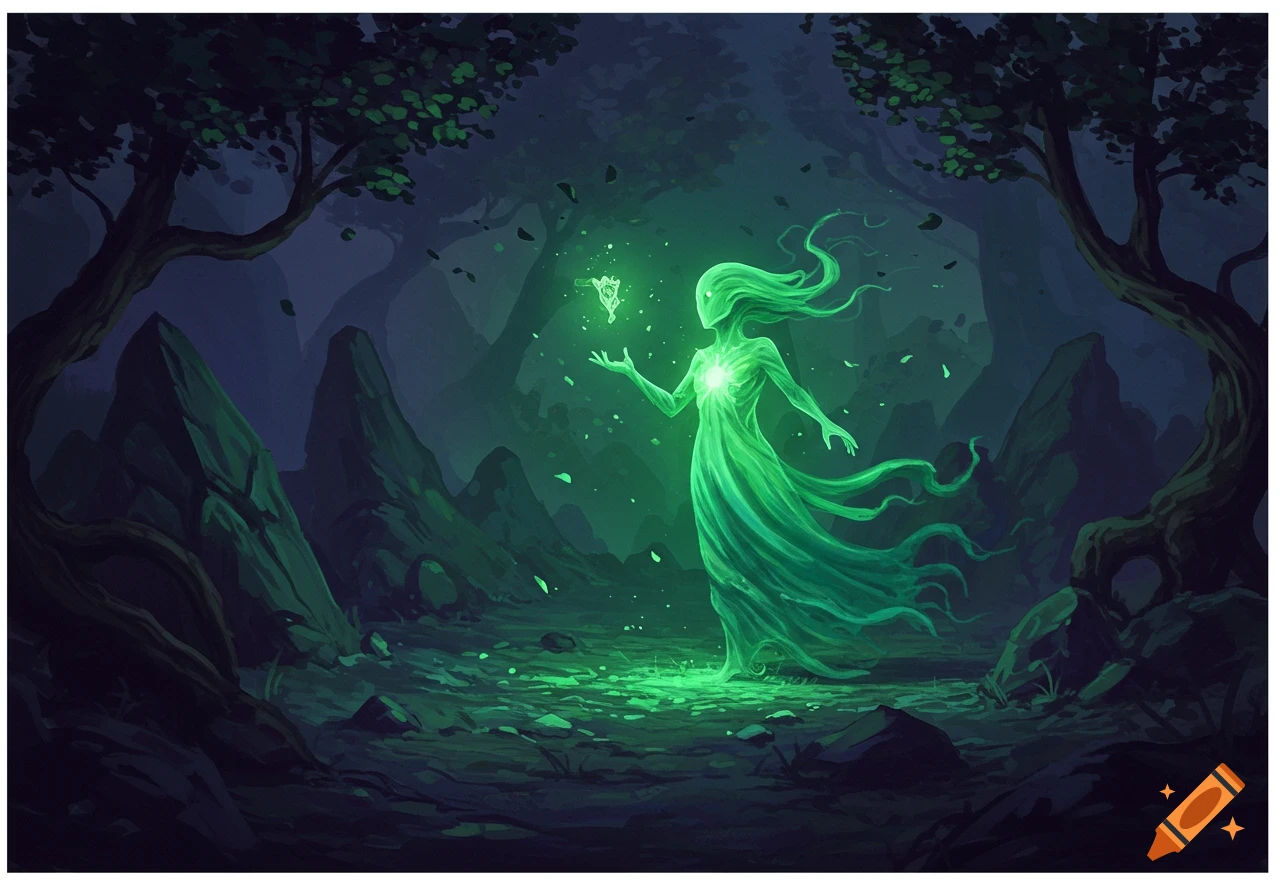 A mystical treant-like female figure with a flaming head and branch ...