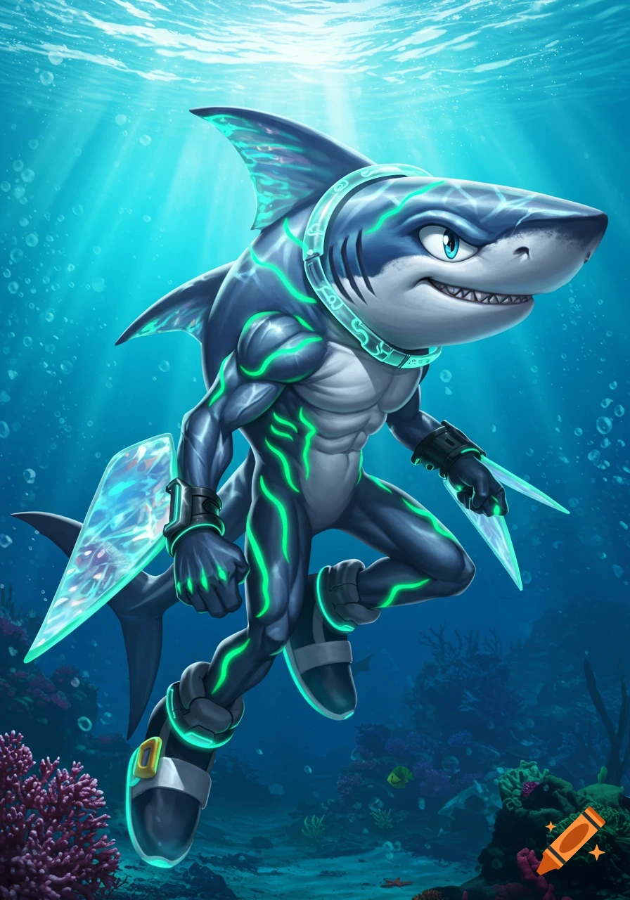An anthropomorphic shark character with glowing green patterns, light ...