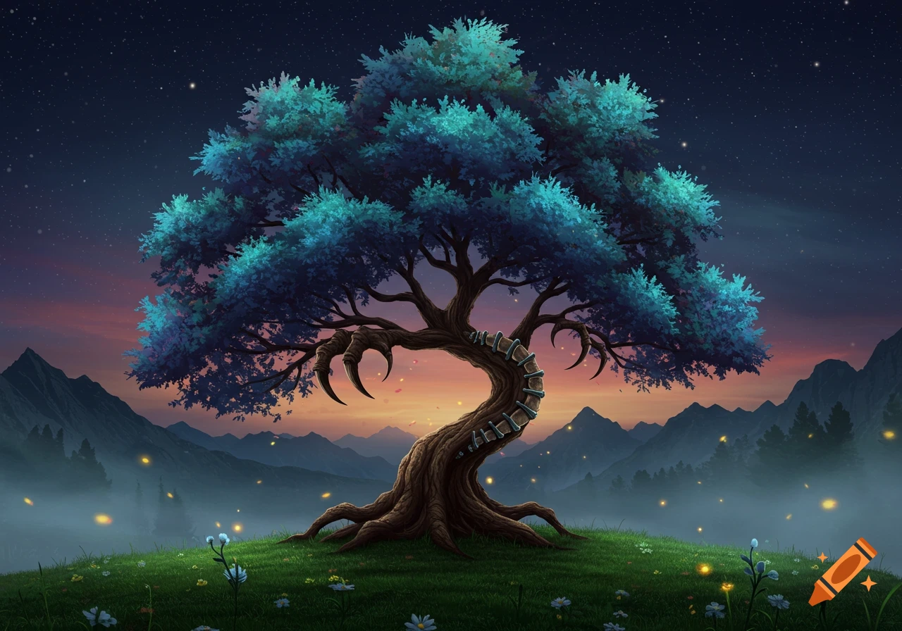 Stylized illustration of a large tree with exposed roots standing in ...