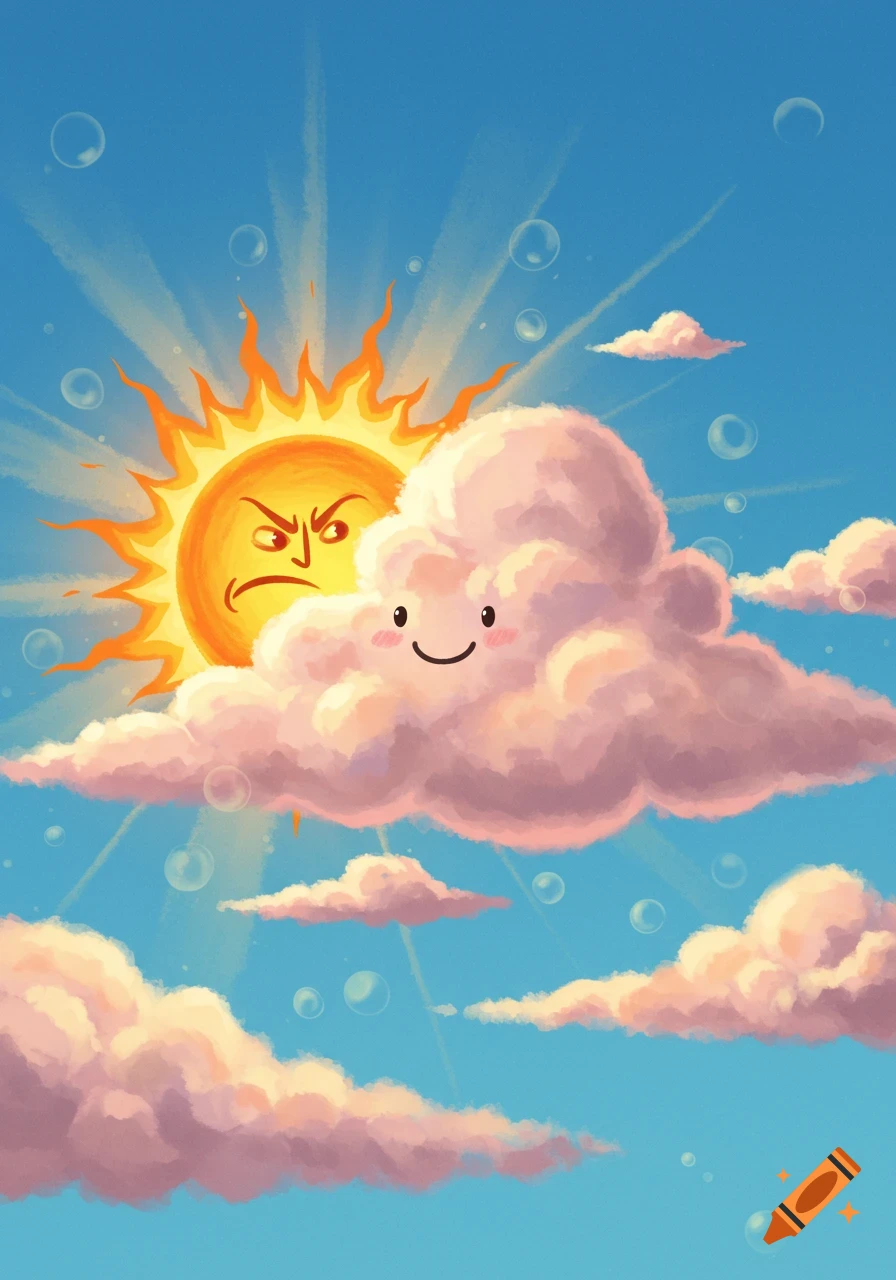 A cartoon angry sun partially covered by a happy cloud in a blue sky ...