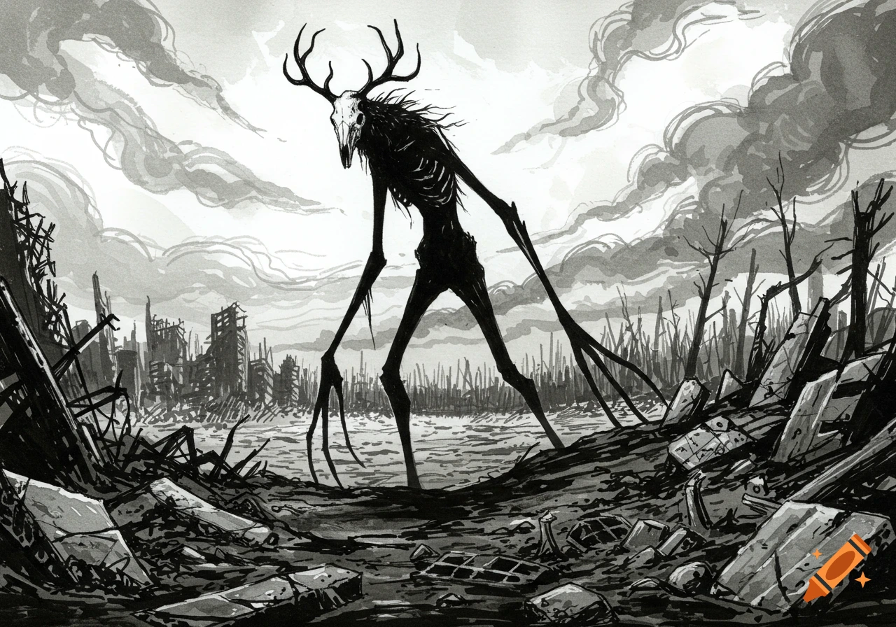 Black and white drawing of a tall, skeletal wendigo creature with a ...