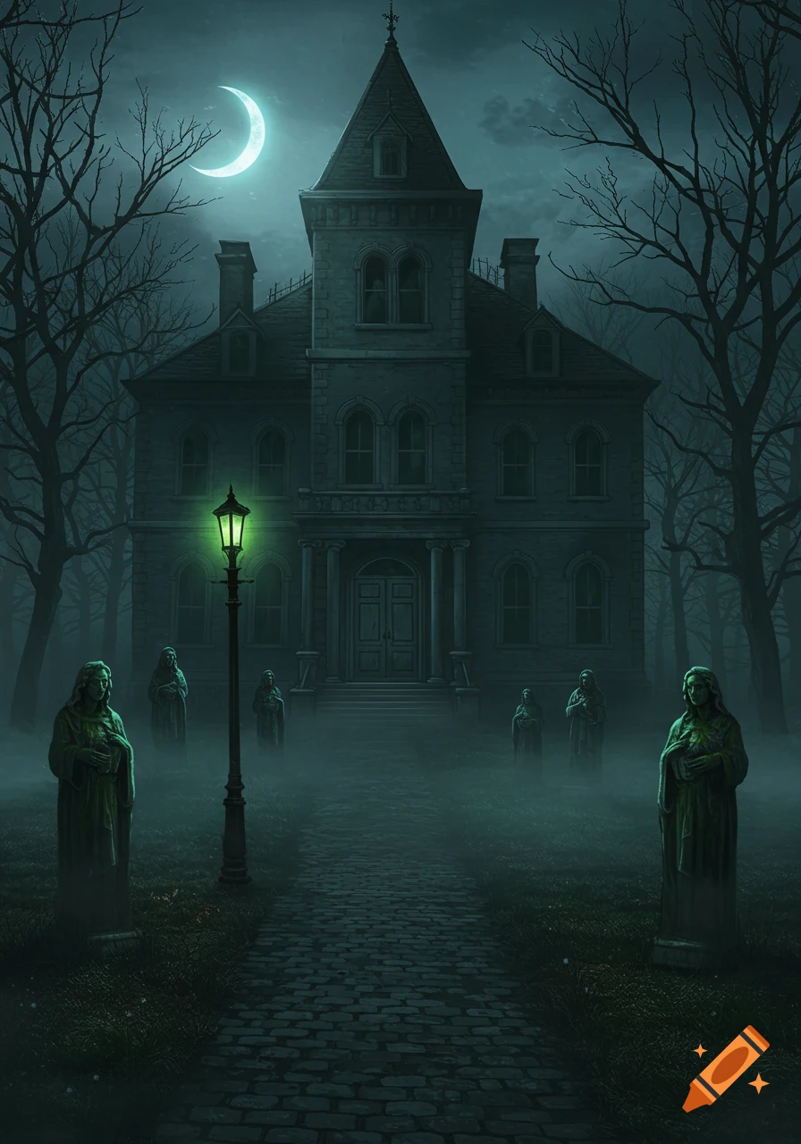 A spooky gothic Victorian mansion at night with gargoyles, barren trees ...