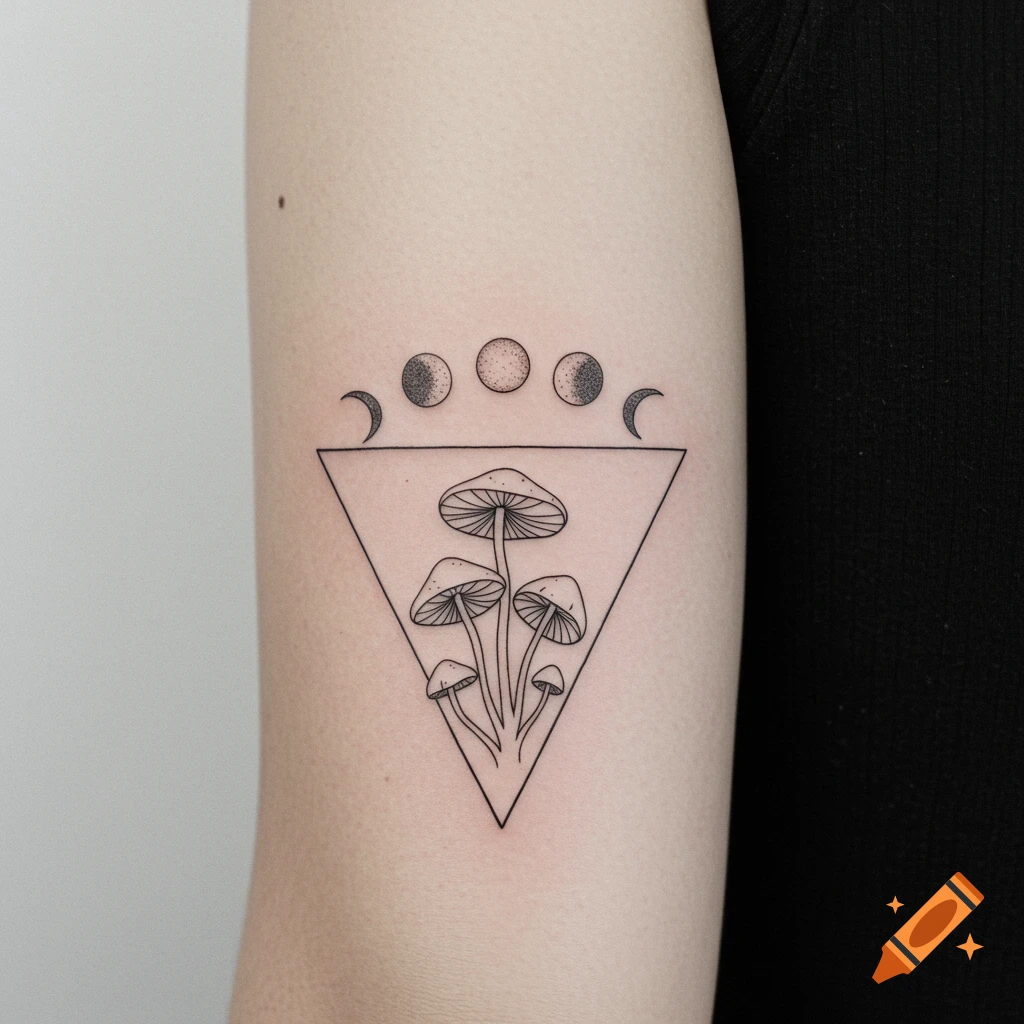Fine line tattoo of mushrooms inside an upside-down triangle with moon ...