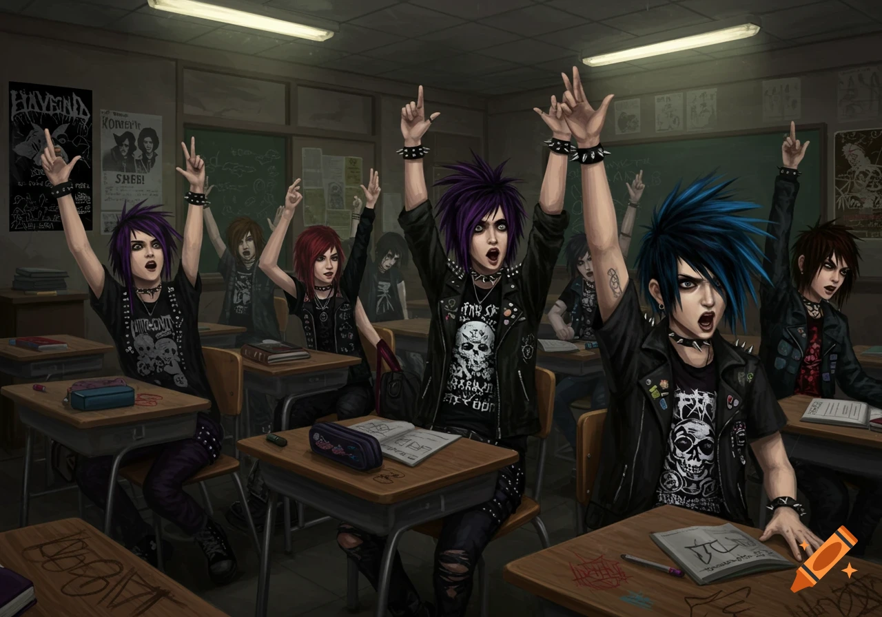 A classroom of emo high schoolers, with dyed hair and punk clothing ...