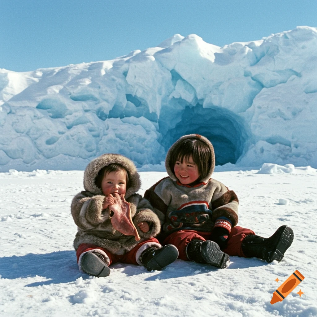 Two young children in winter clothing sit on snow, one eating, in front ...
