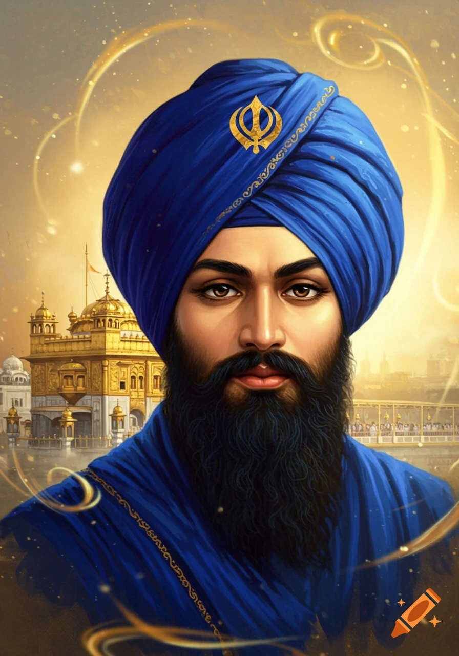 Painted portrait of a man with a dark beard and blue turban with a gold ...