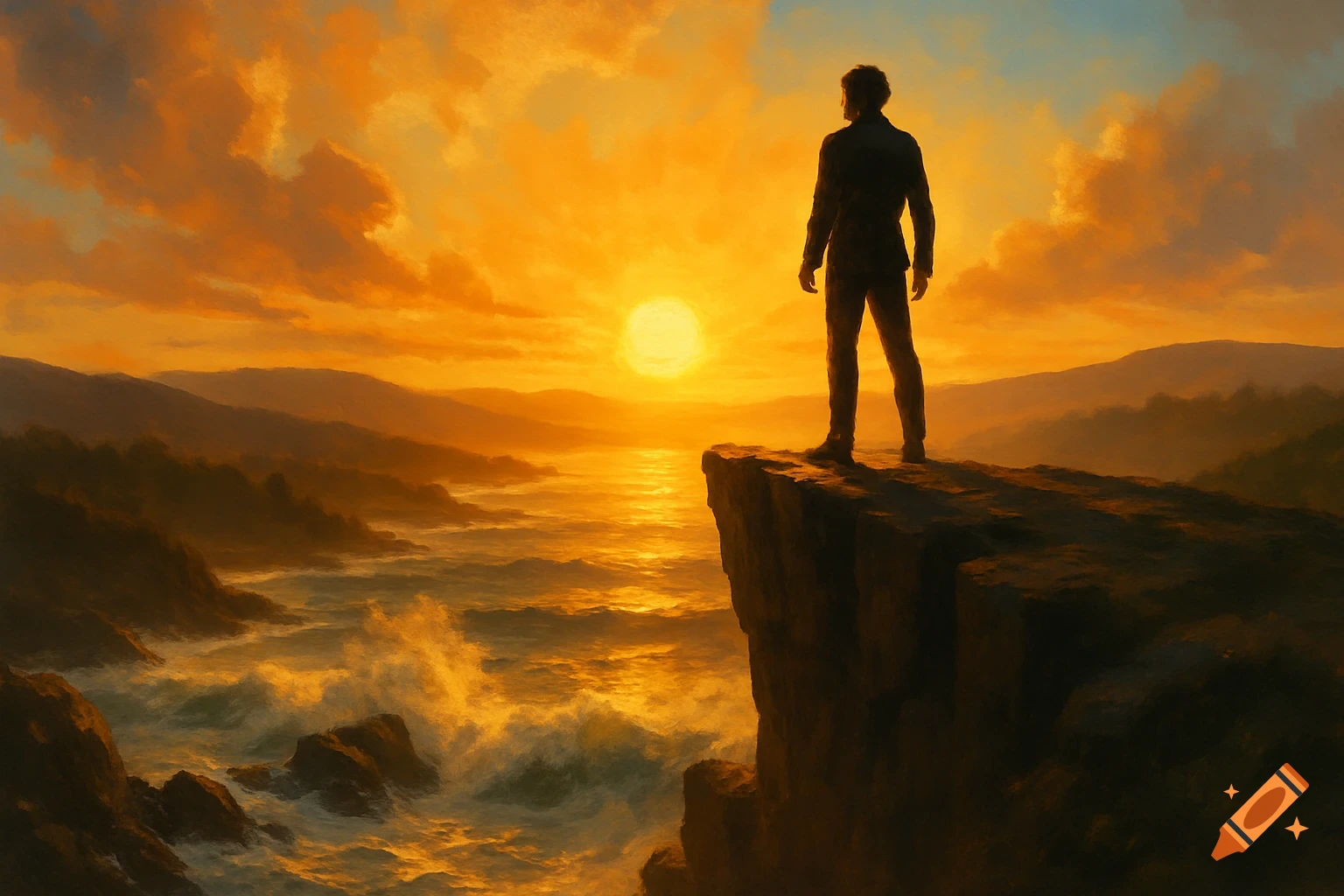 Muscular man standing on a cliff overlooking a vast desert landscape at ...