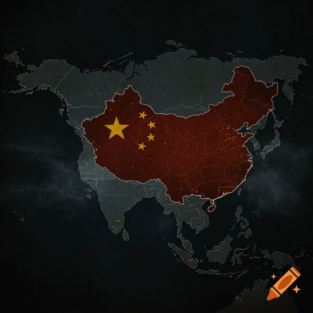 A dark-themed map of China, highlighted in red with yellow stars like ...