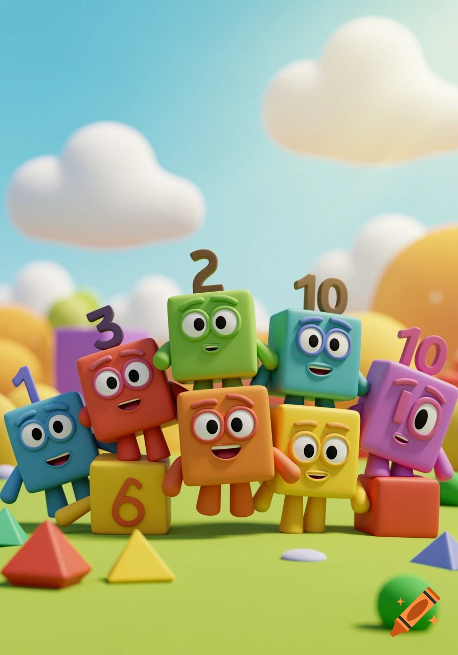 Colorful cartoon block characters with numbers 1, 2, 3, 6, and 10 ...
