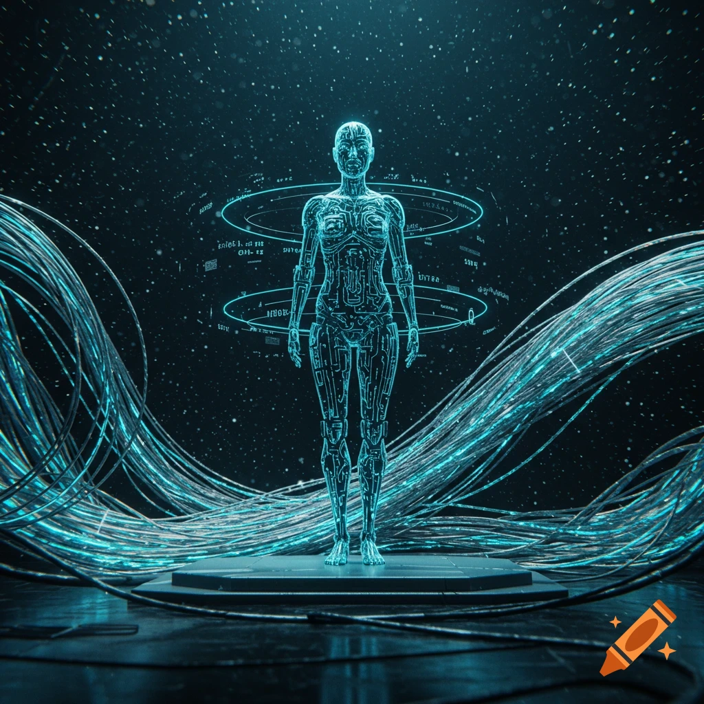 A glowing, circuit-patterned humanoid figure stands on a platform with ...