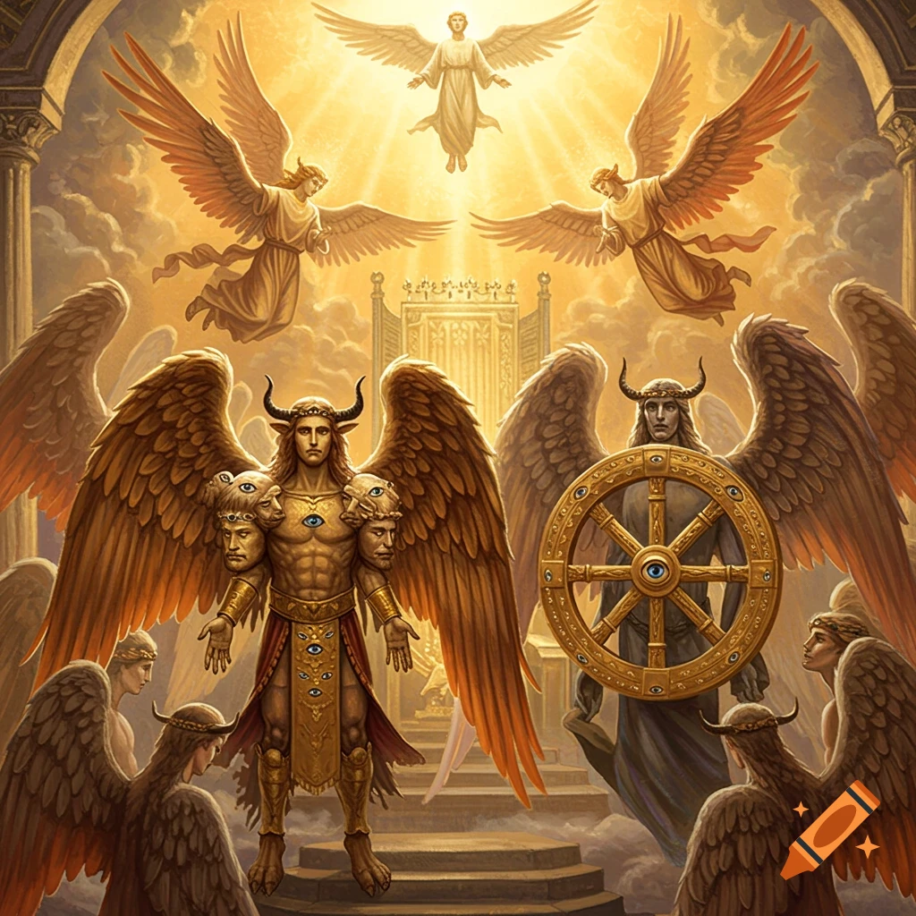 Biblically accurate angels with multiple faces and eyes, and many wings, surround a golden ...