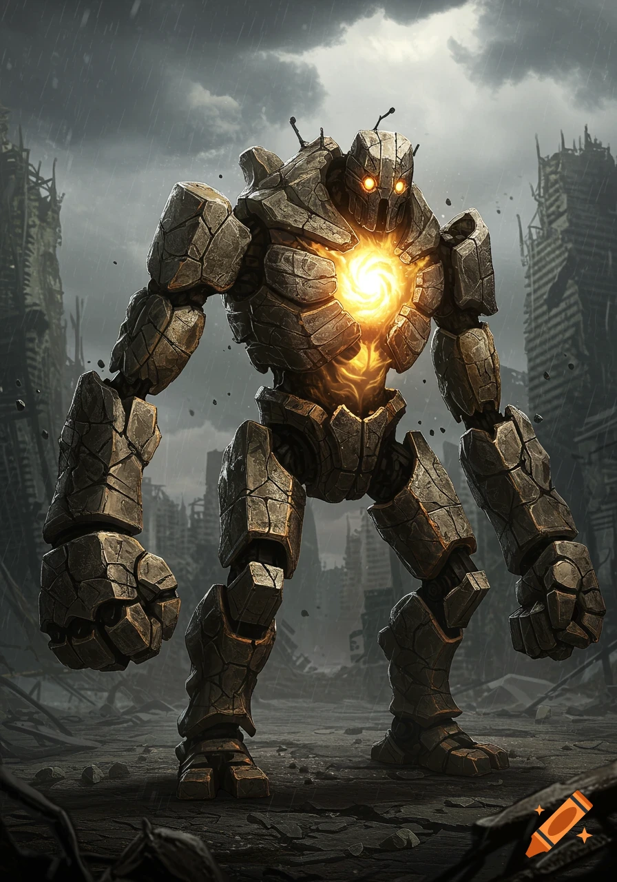 A large, imposing stone golem with glowing eyes and a swirling light in ...