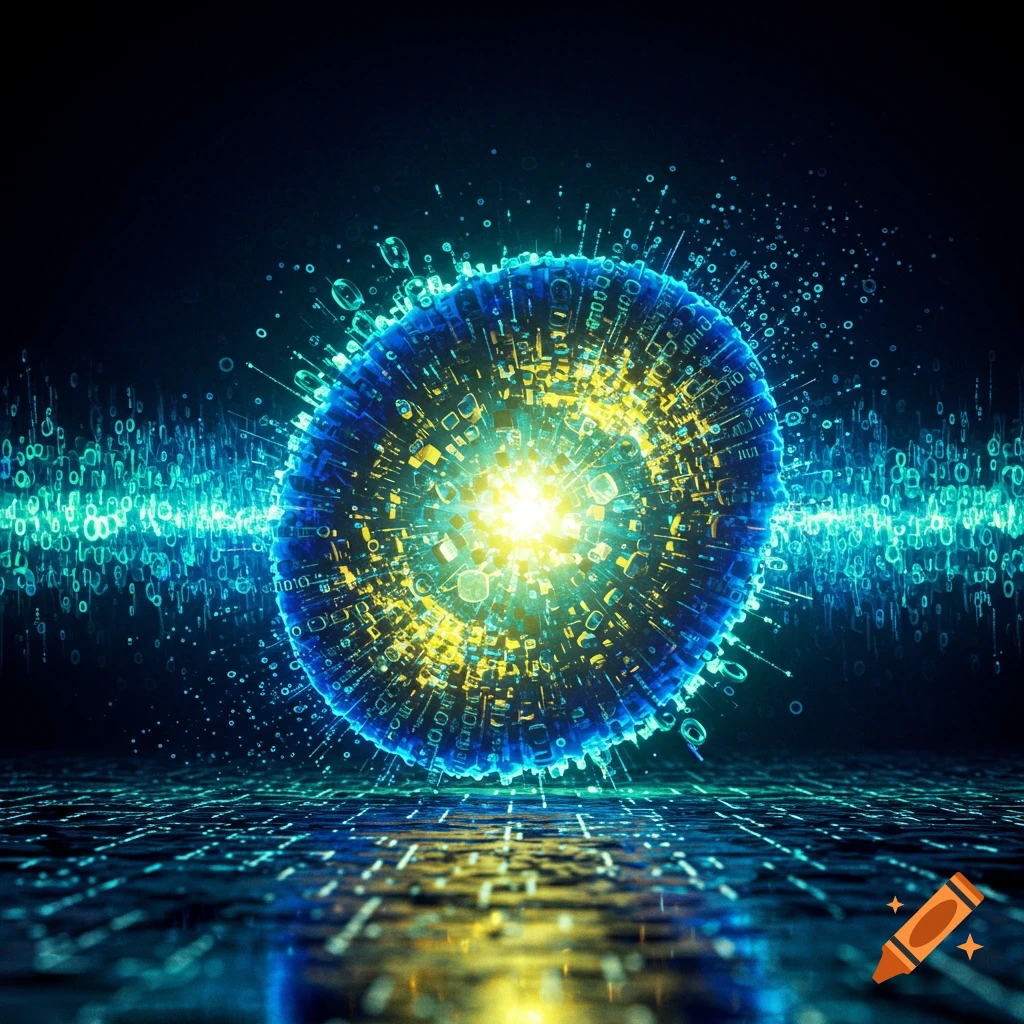 A glowing blue crystal orb sits on a neon blue circuit board with ...