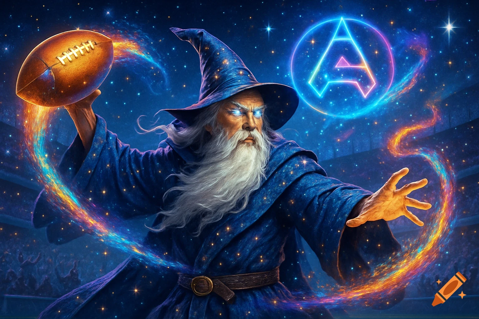 A magical wizard in a blue robe with a long white beard throws a ...