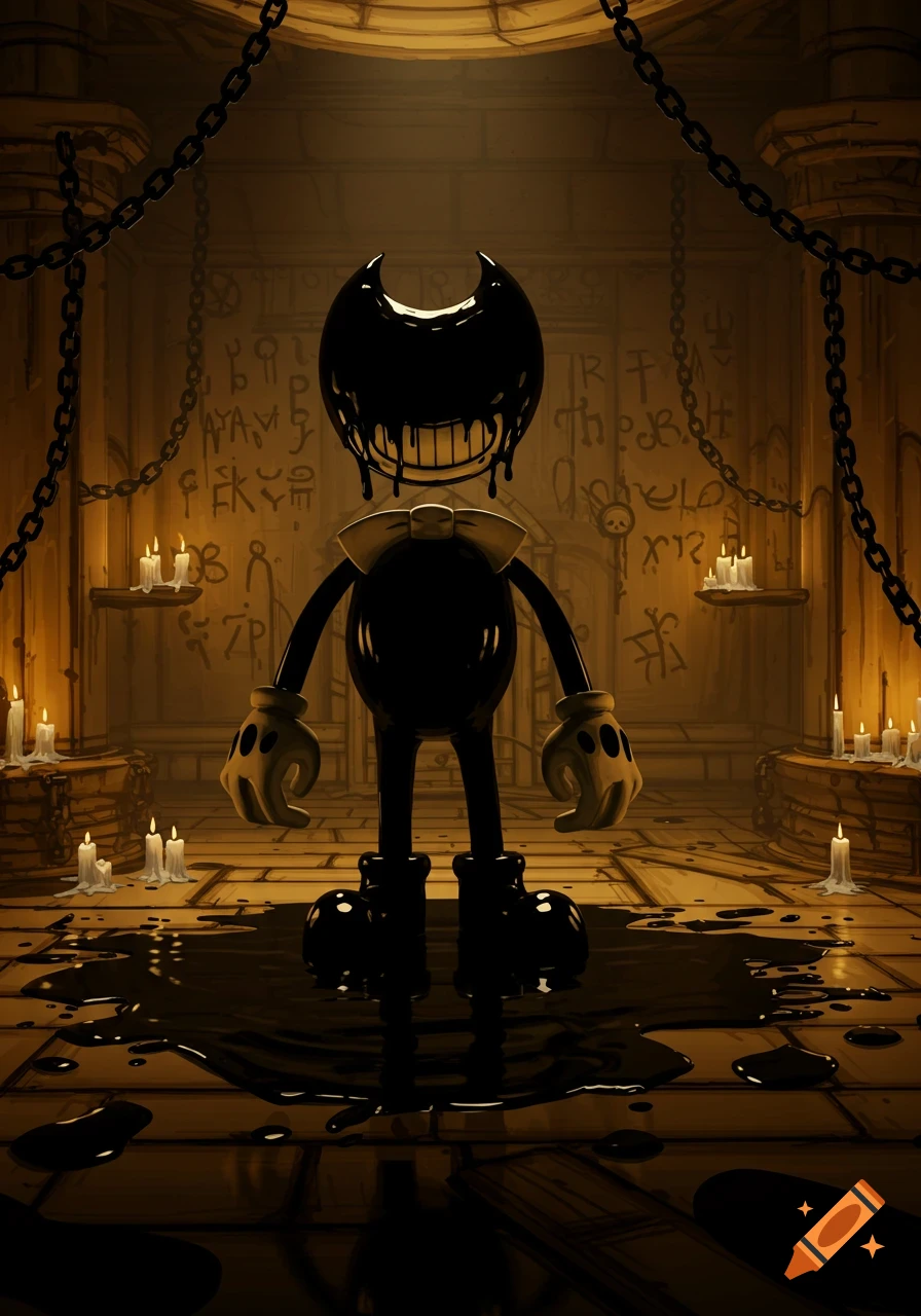 Bendy, a black and white cartoon character, sits smiling in a rustic ...