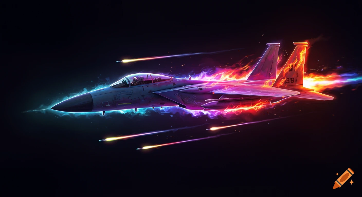 A futuristic F-15 fighter jet with vibrant rainbow-colored flame trails ...