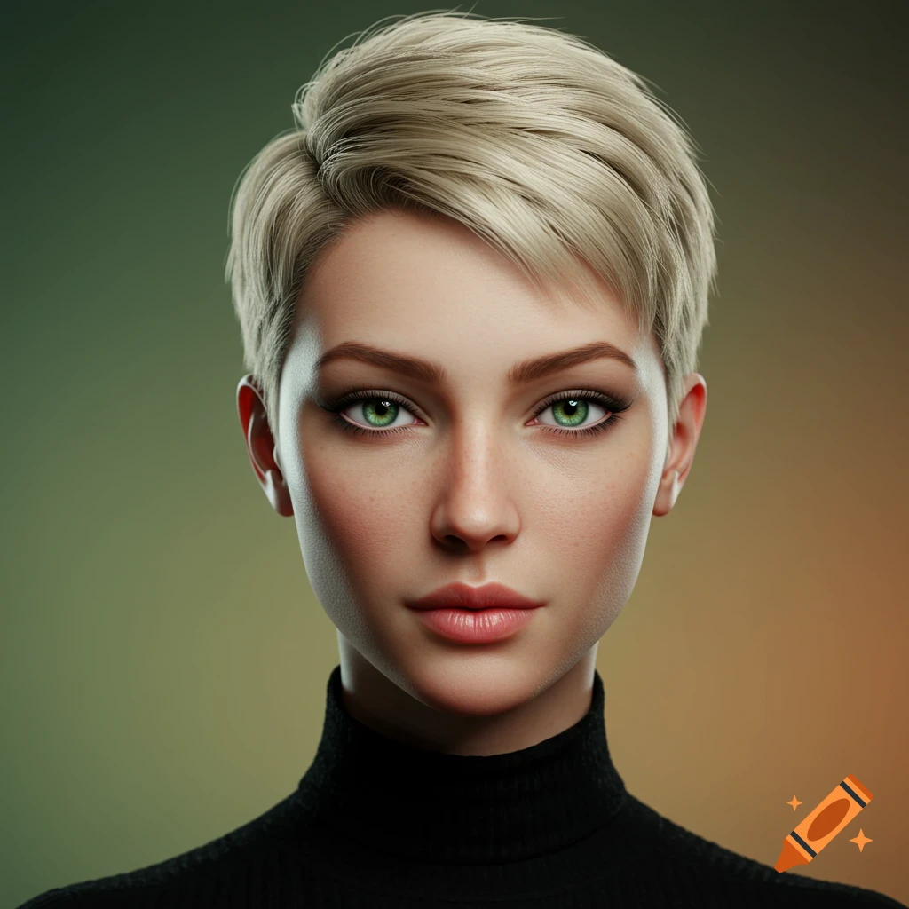 Close-up photorealistic portrait of a woman with short blonde hair and ...