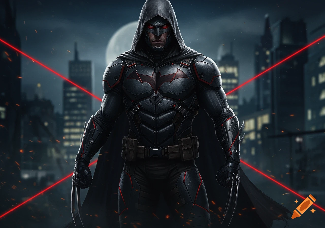 A dark armored superhero with a hood, red eyes, and claws stands in a ...