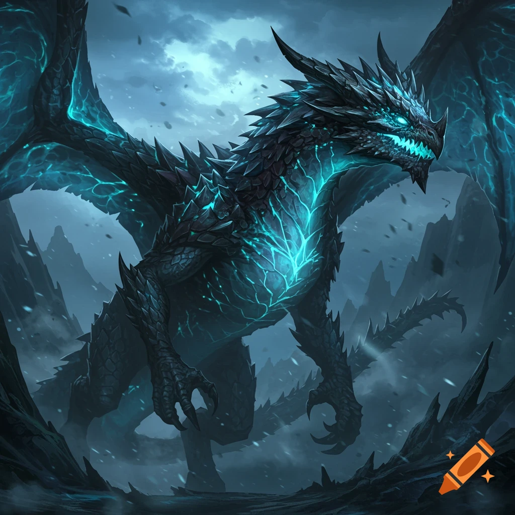 A majestic black and blue glowing dragon with sharp scales and large ...