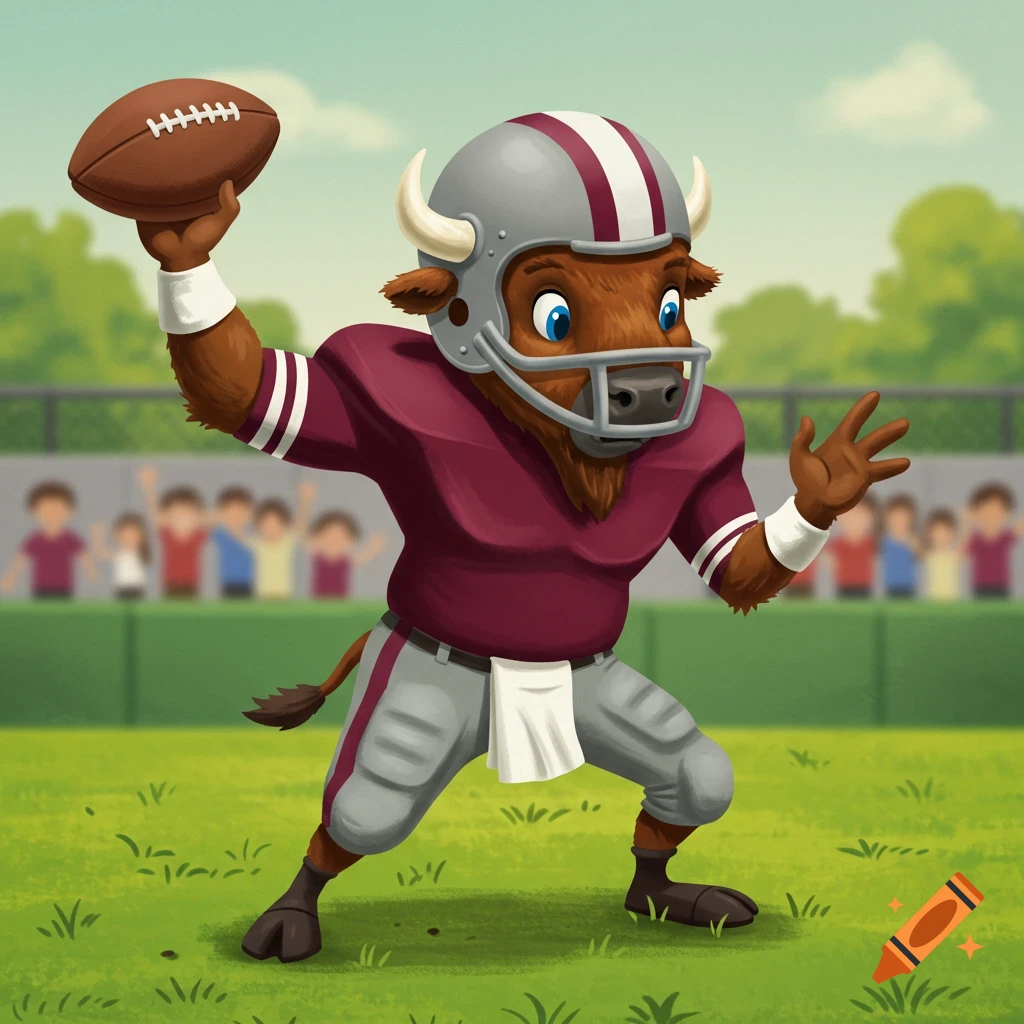 A cartoon bison quarterback in a maroon and gray uniform with a helmet ...