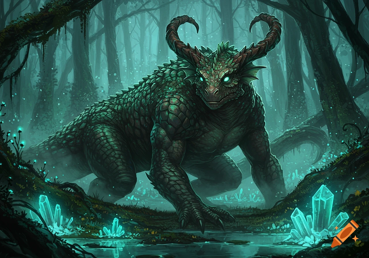 A majestic green scaly creature with glowing eyes and horns crouches in ...