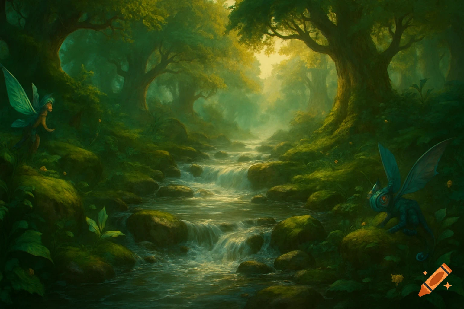 Two iridescent numbers '67' float above a forest path filled with ...