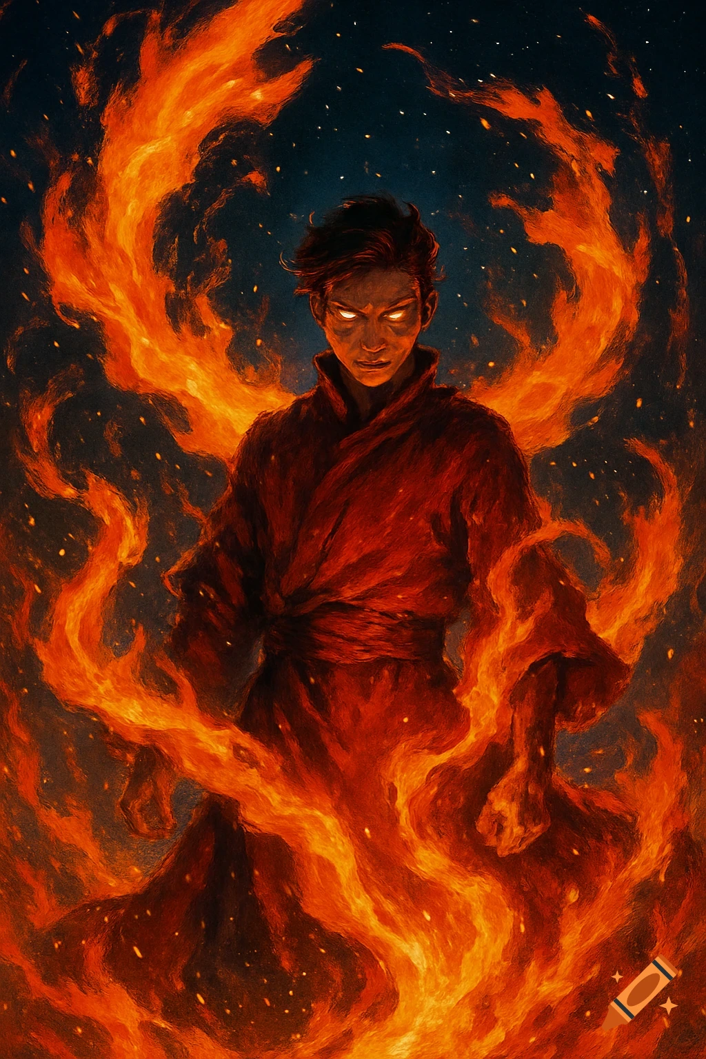 A person with glowing eyes in a red robe engulfed in swirling flames ...
