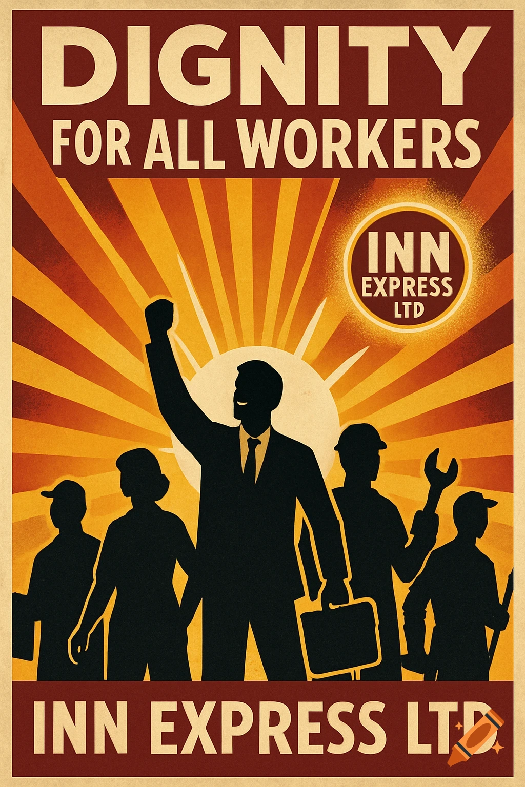 Retro propaganda poster with silhouetted workers, a man raising a fist ...