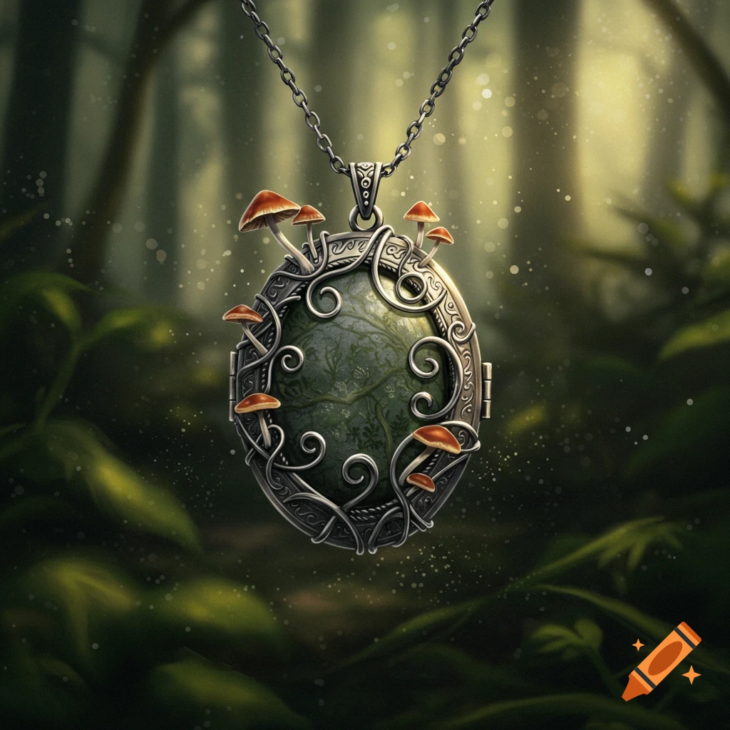 An ornate oval silver locket with mushrooms and wire-wrapped vines ...