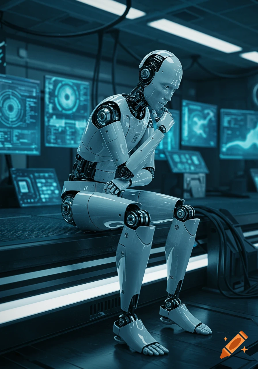 A realistic white humanoid robot with exposed joints sits in a thinking ...