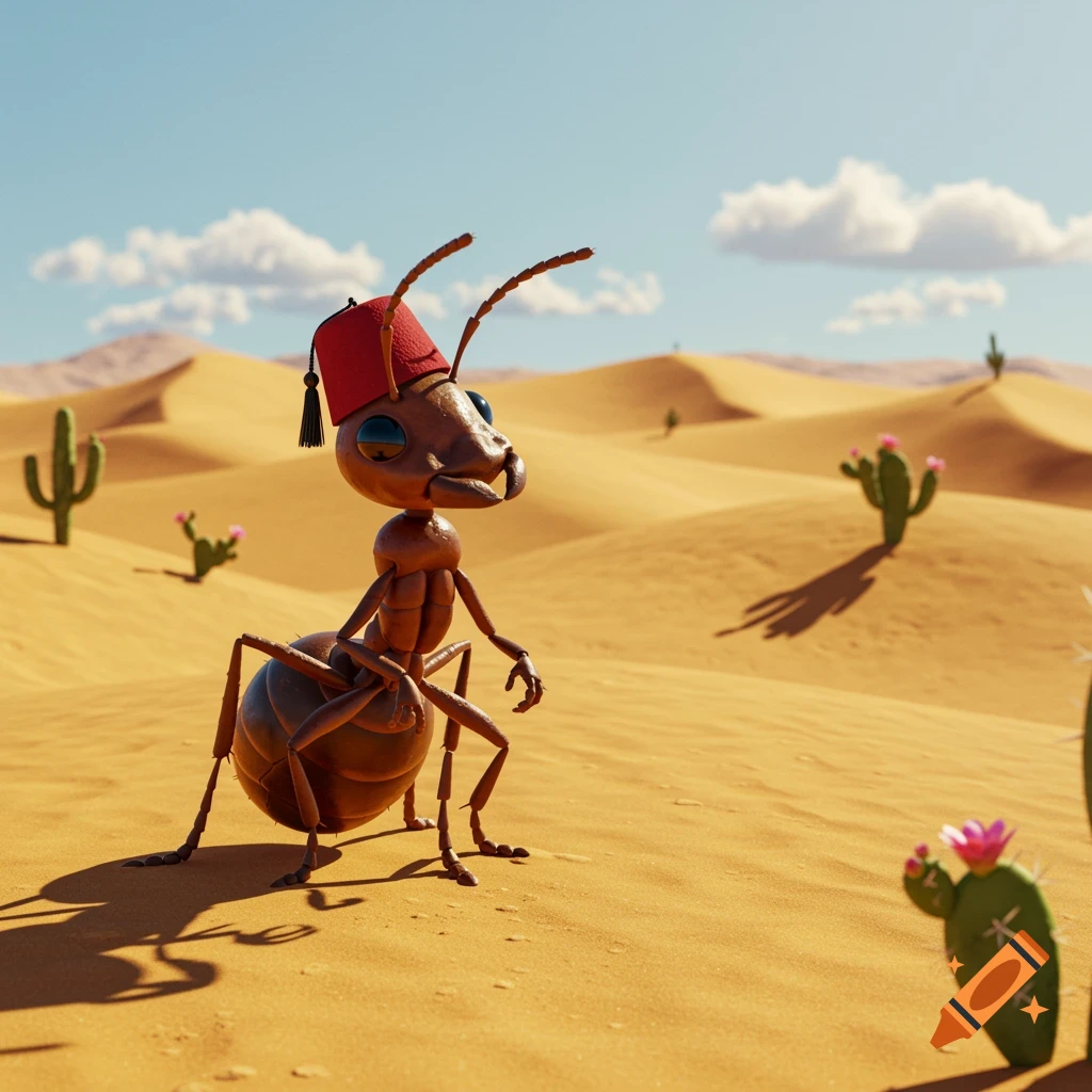 A 3D animated ant wearing a red fez hat stands in a bright desert ...