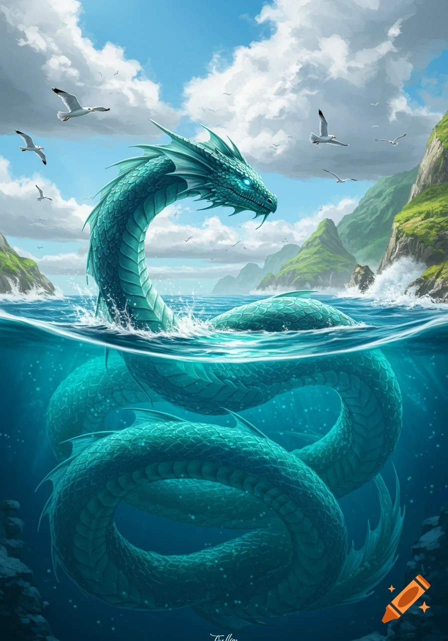 A large, mythical sea serpent with glowing eyes emerges from stormy ...