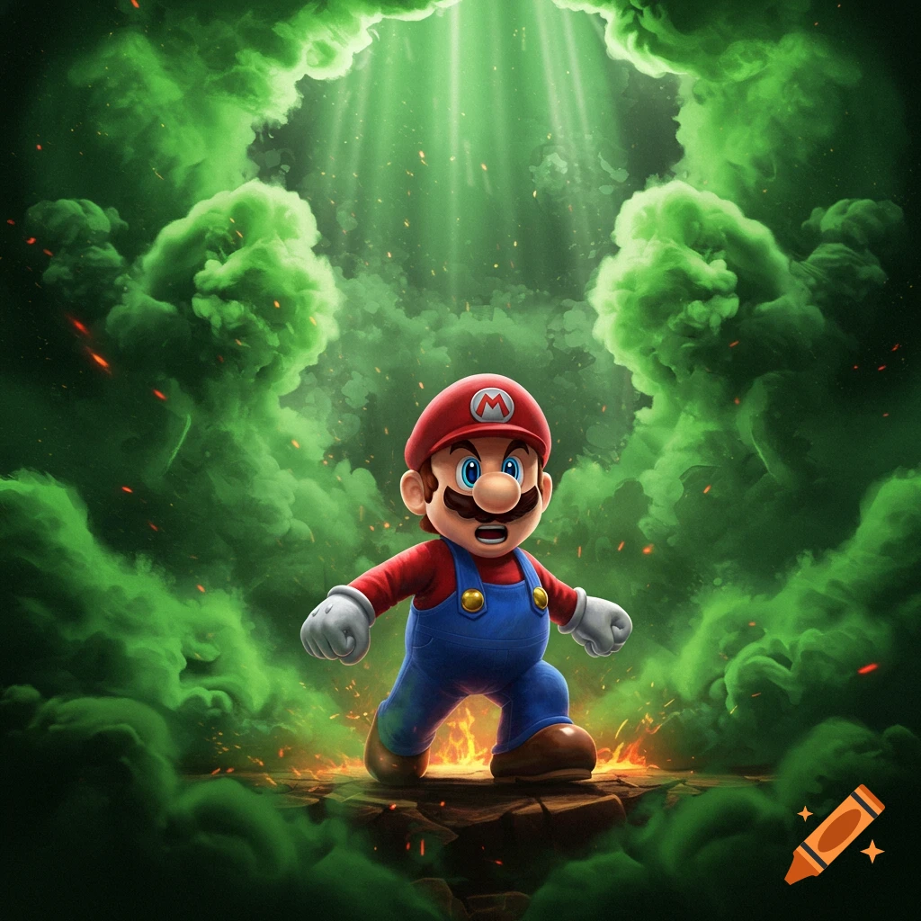 Mario stands dramatically amidst swirling green smoke and sparks, with ...