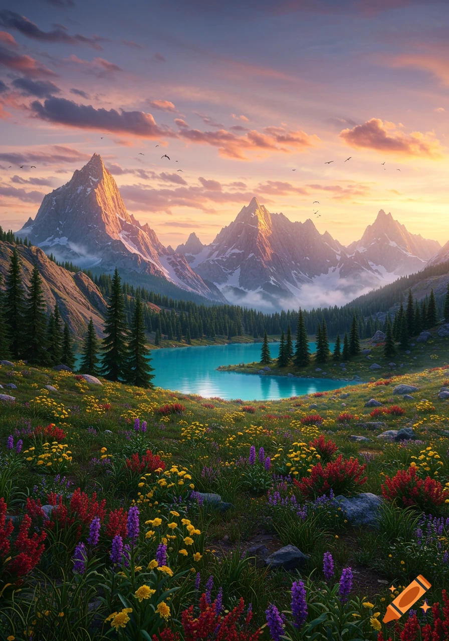 A vibrant mountain landscape at sunset with snow-capped peaks, a ...