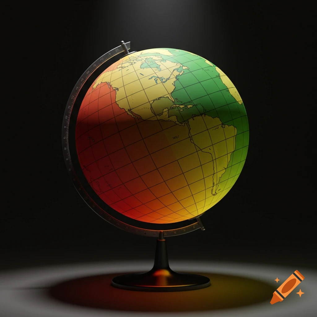 A colorful globe showing continents, illuminated from above with a ...